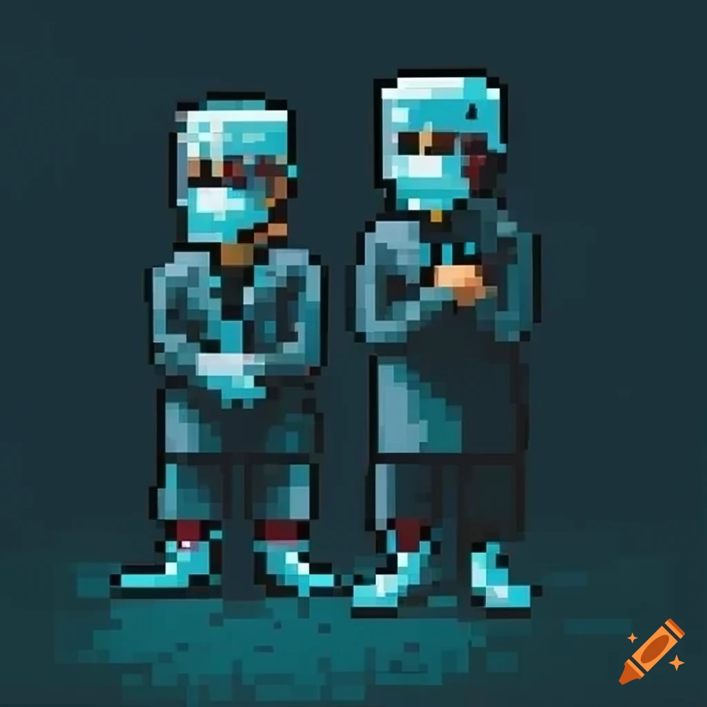 Pixel art of masked surgeons in a dimly lit room