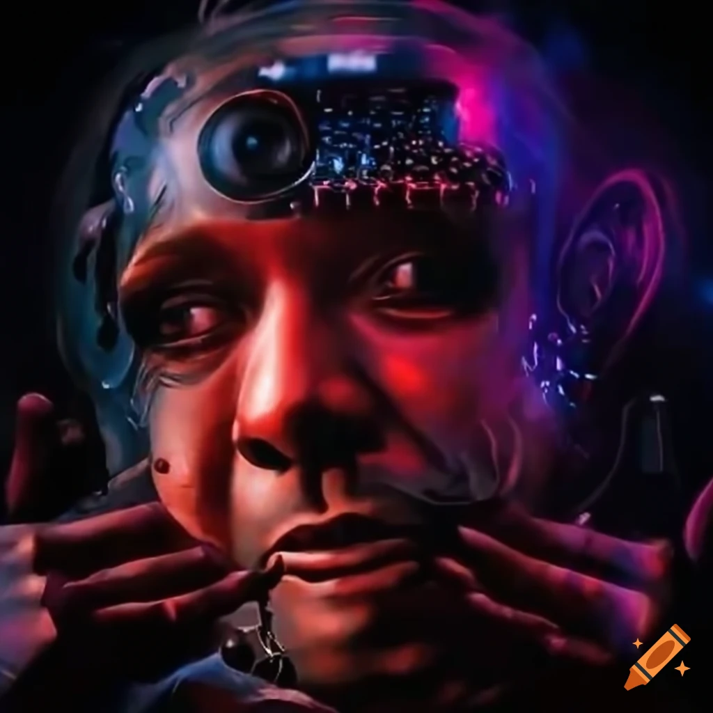 Female cyborg goddess in a dark cyberpunk cityscape on Craiyon