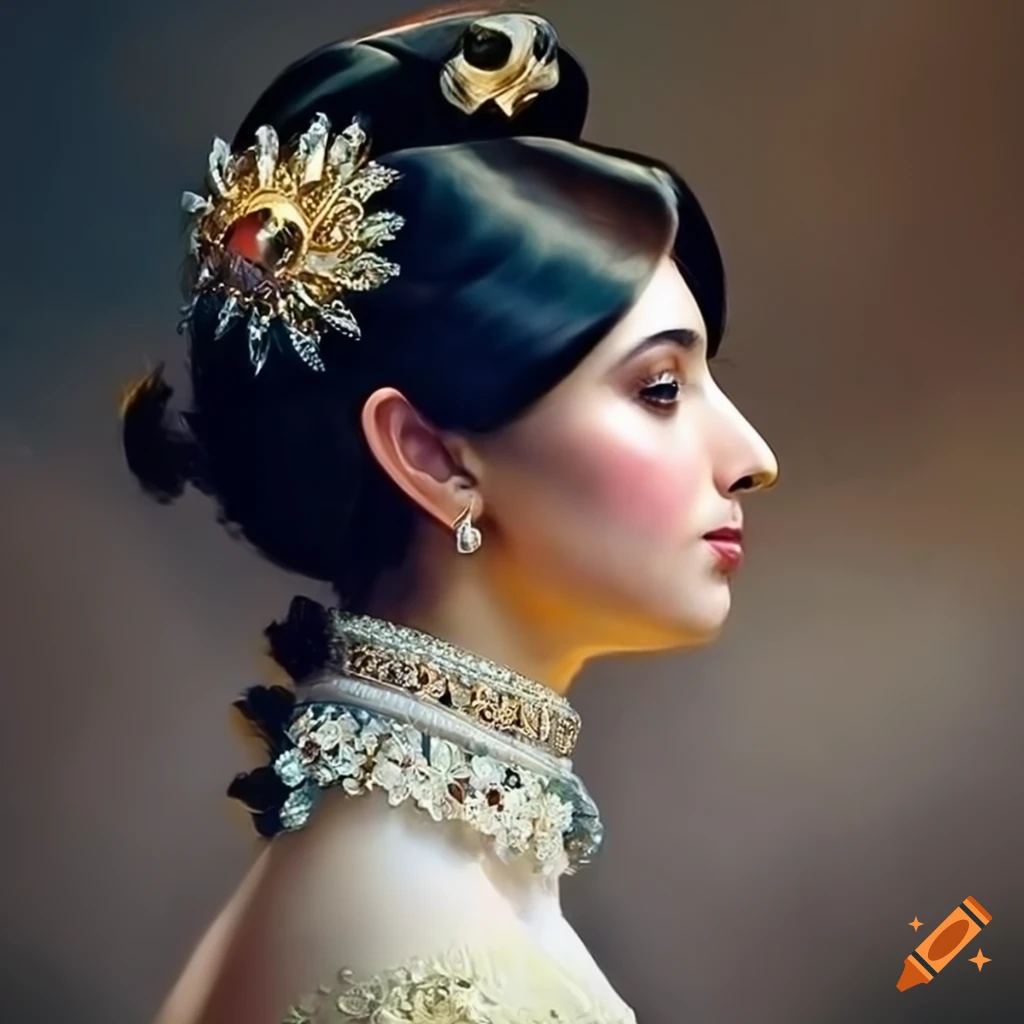 Portrait of a blue-eyed lady in ornate 1850s fashion on Craiyon