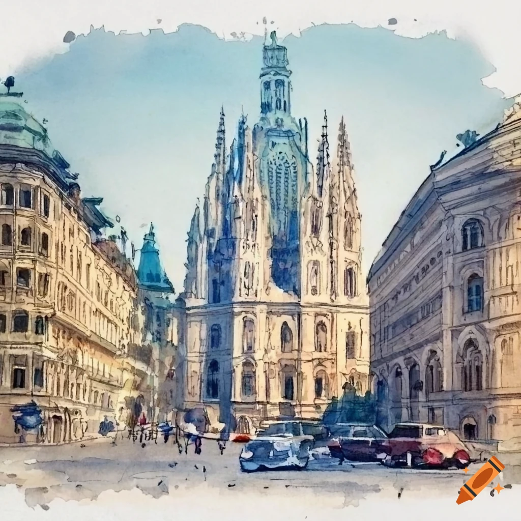 Watercolor painting of a street view in vienna