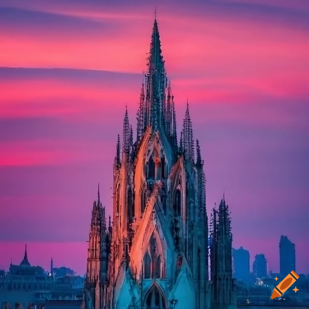 Sunset view of a gothic cathedral in European city skyline on Craiyon
