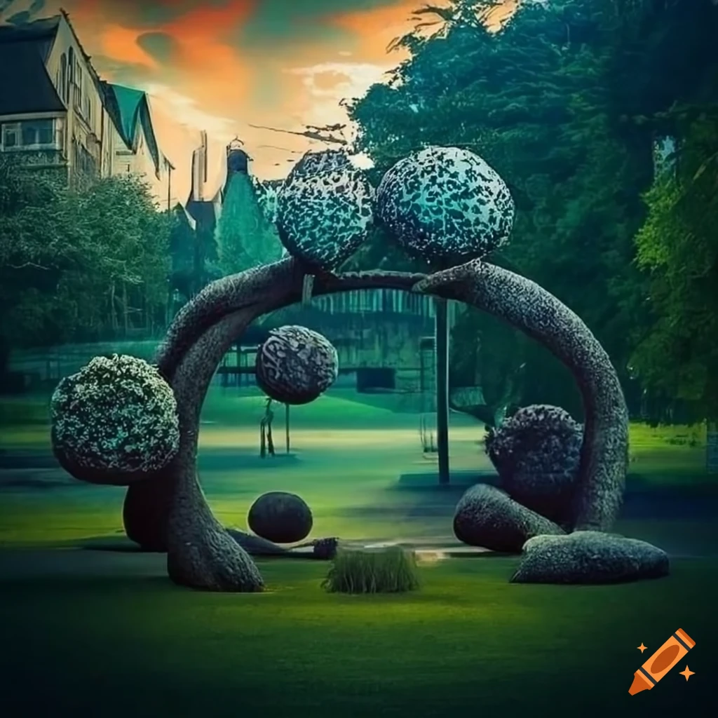 Surrealist park in a futuristic gothic city on Craiyon