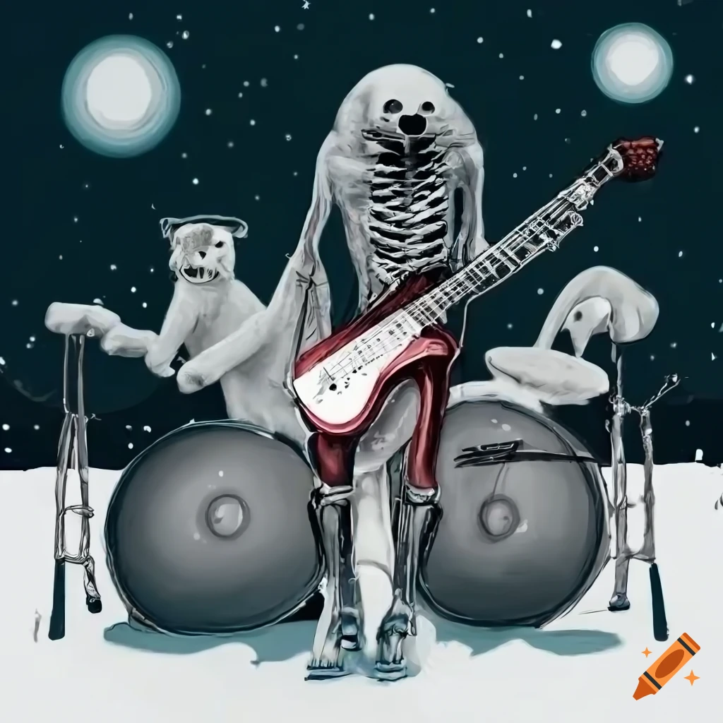 Artistic depiction of a punk skeleton and polar bear playing music in a ...