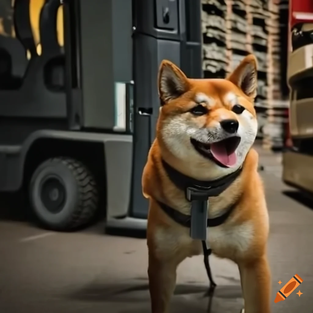 Shiba inu in military uniform riding a forklift