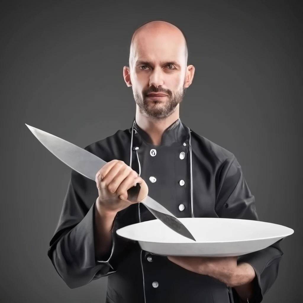 Chef holding a knife over a plate of food