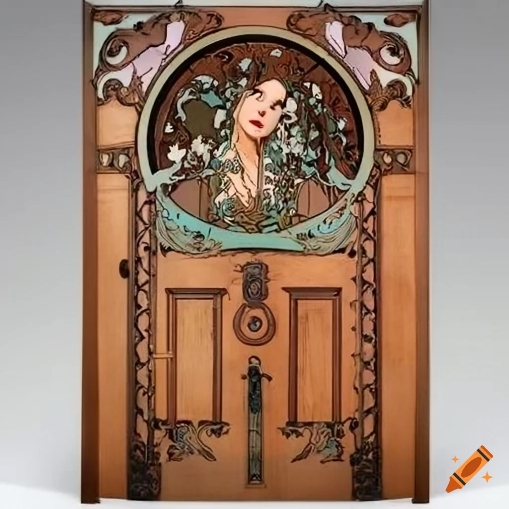 Hyper-realistic wooden door inspired by alphonse mucha on Craiyon