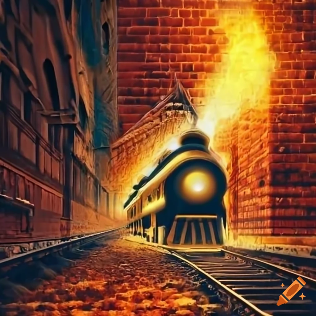 Surrealist artwork of a golden train crashing into a brick wall on Craiyon