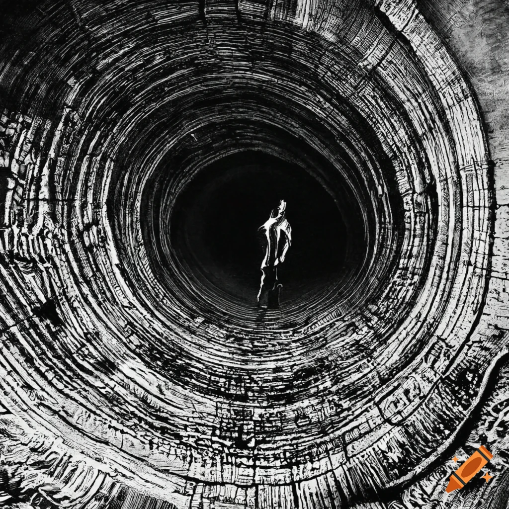 Woodcut of a circular chasm in the distance on Craiyon