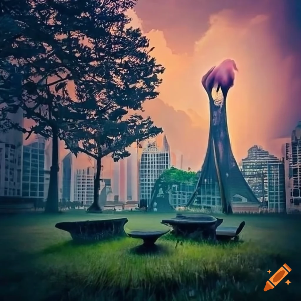 Surrealist park in a futuristic urban city on Craiyon