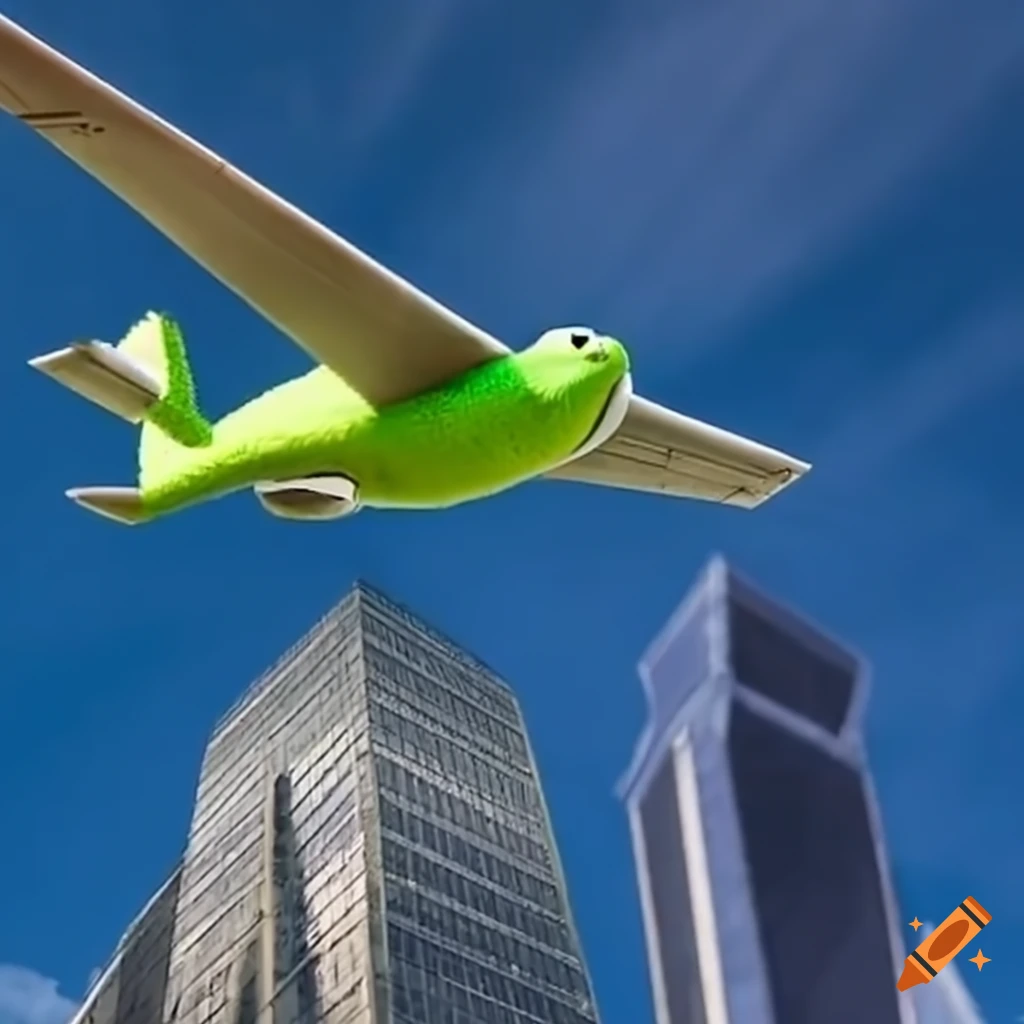 Satirical image of kermit flying airplane towards skyscrapers on Craiyon