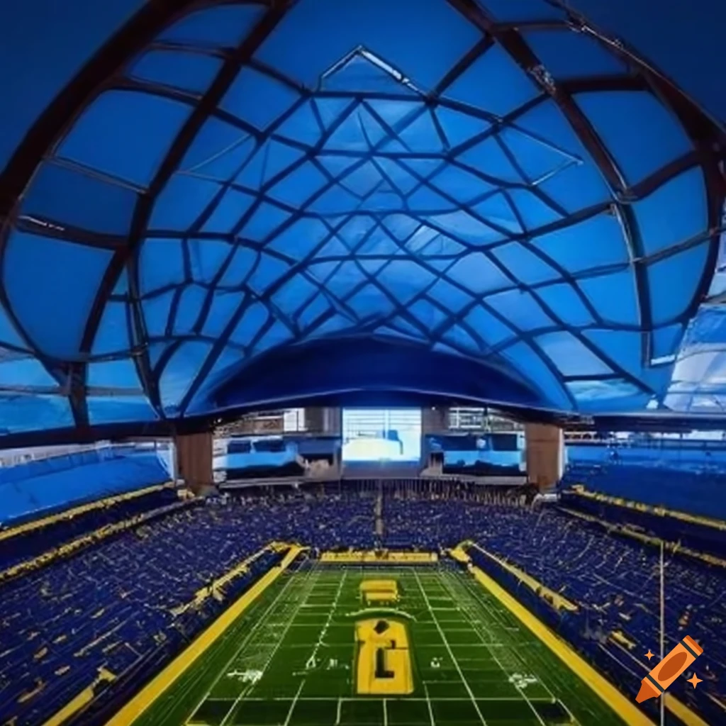 Futuristic Michigan football stadium with maize and blue seats on Craiyon