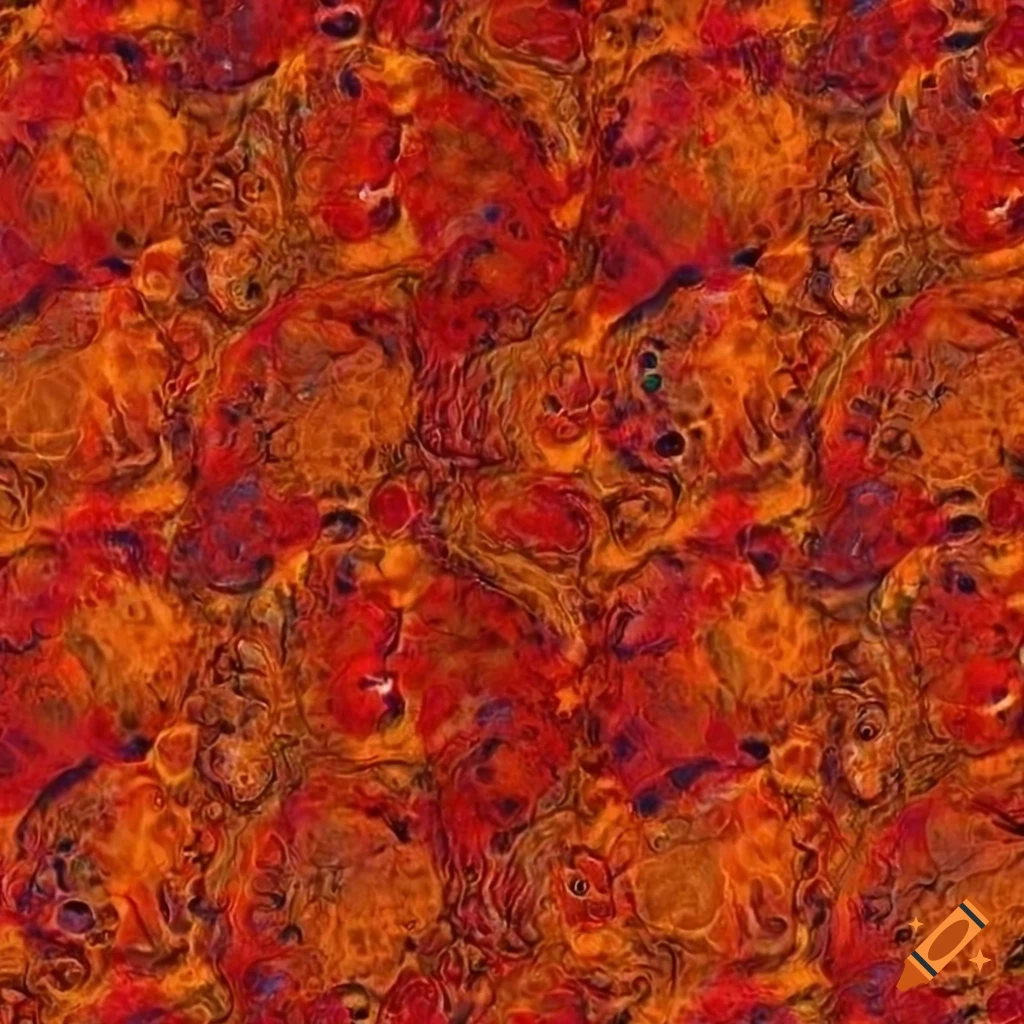 Yellow-orange and crimson acid splotch fabric pattern on Craiyon