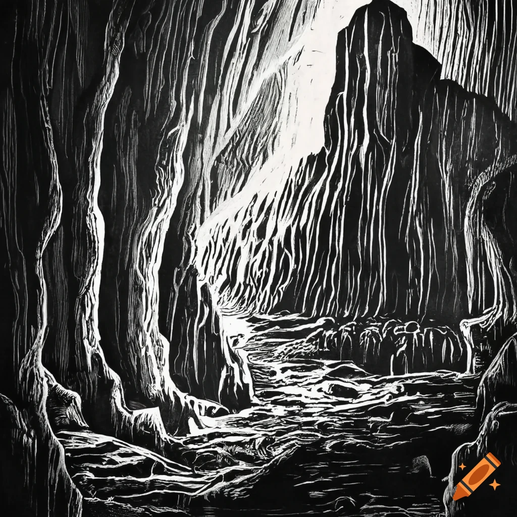 Black and white woodcut of a distant chasm