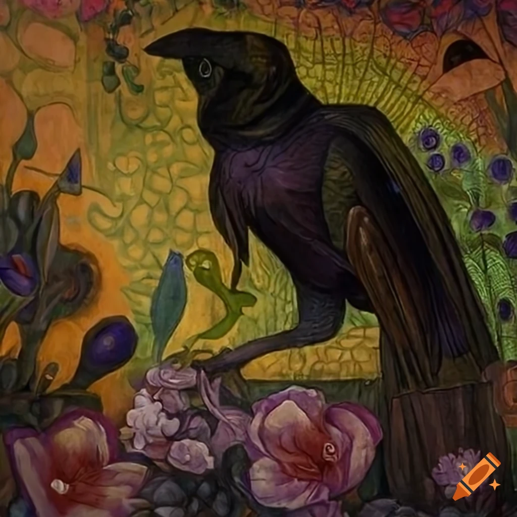 Illustration of a raven wearing a colorful hooded cloak in a forest ...