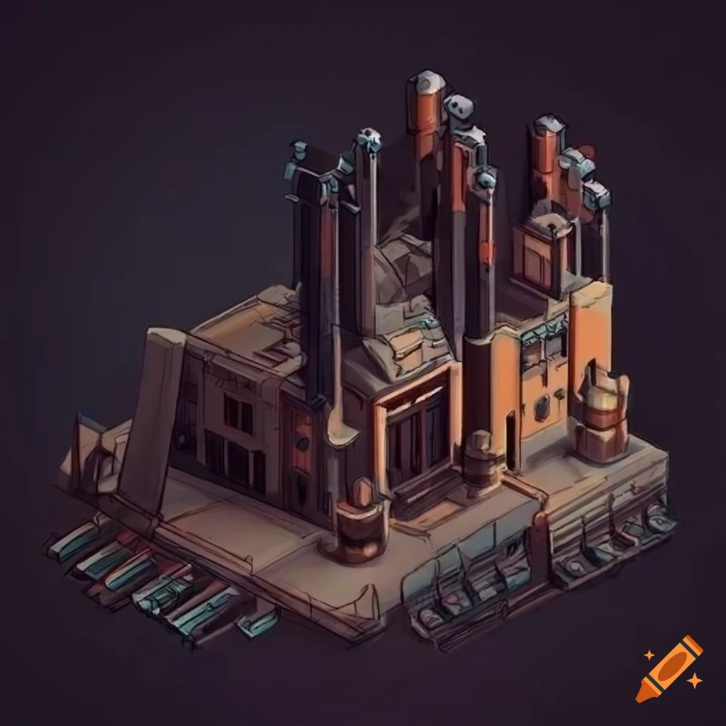 Isometric illustration of a steam punk ammunition factory