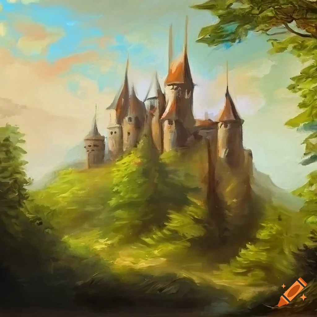 Oil painting of a castle near a forest on Craiyon