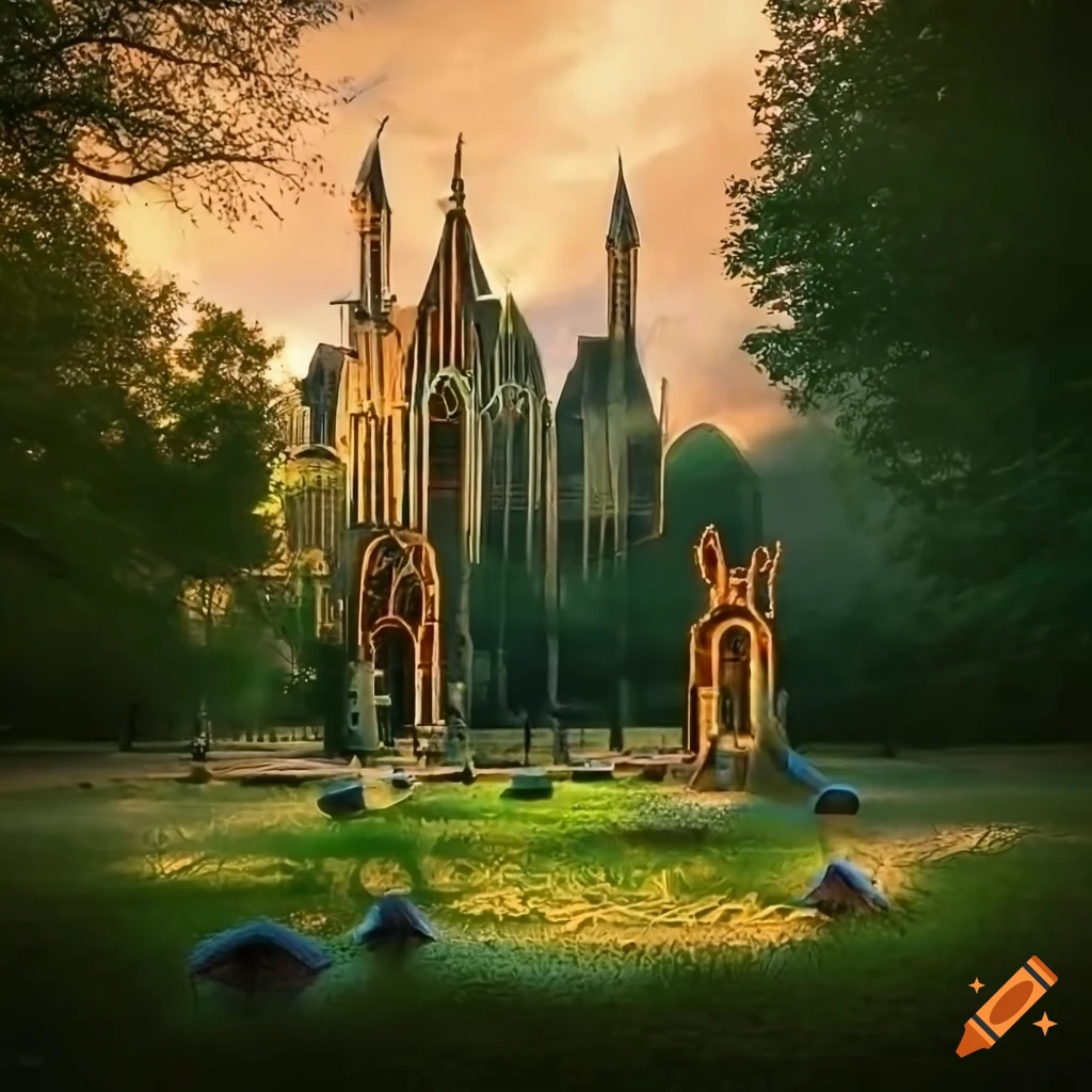 Surreal park in a gothic futuristic city on Craiyon