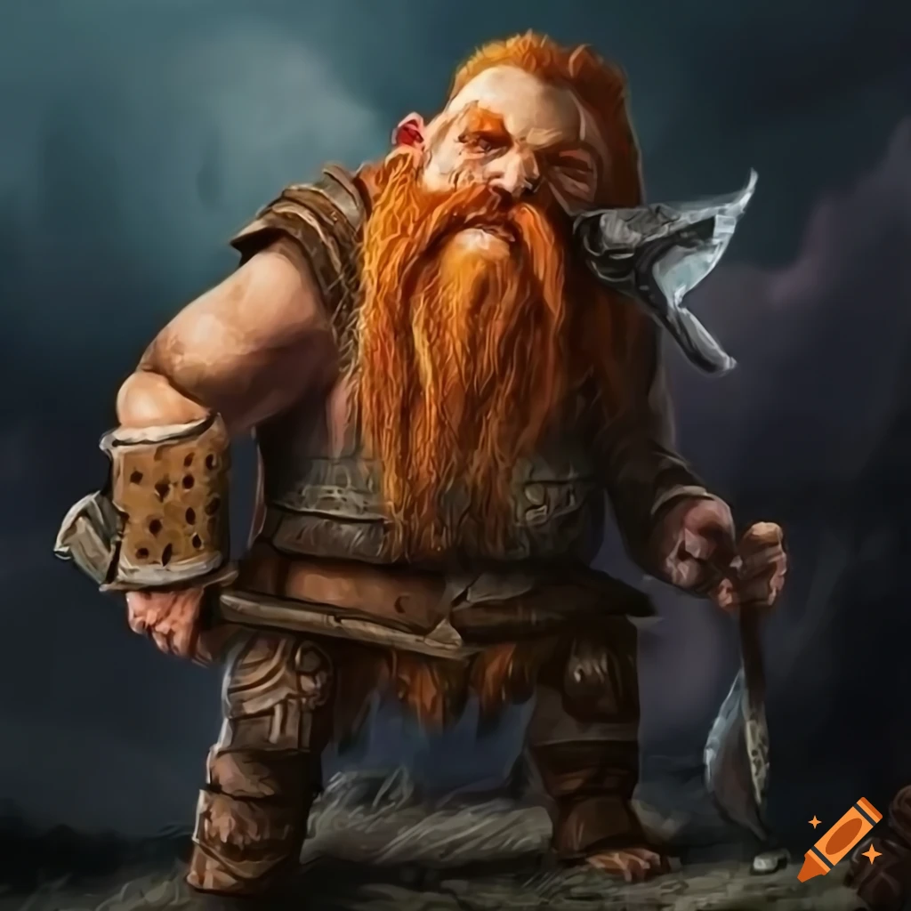 Dwarf sitting next to broken stones with an axe on a platform above on ...