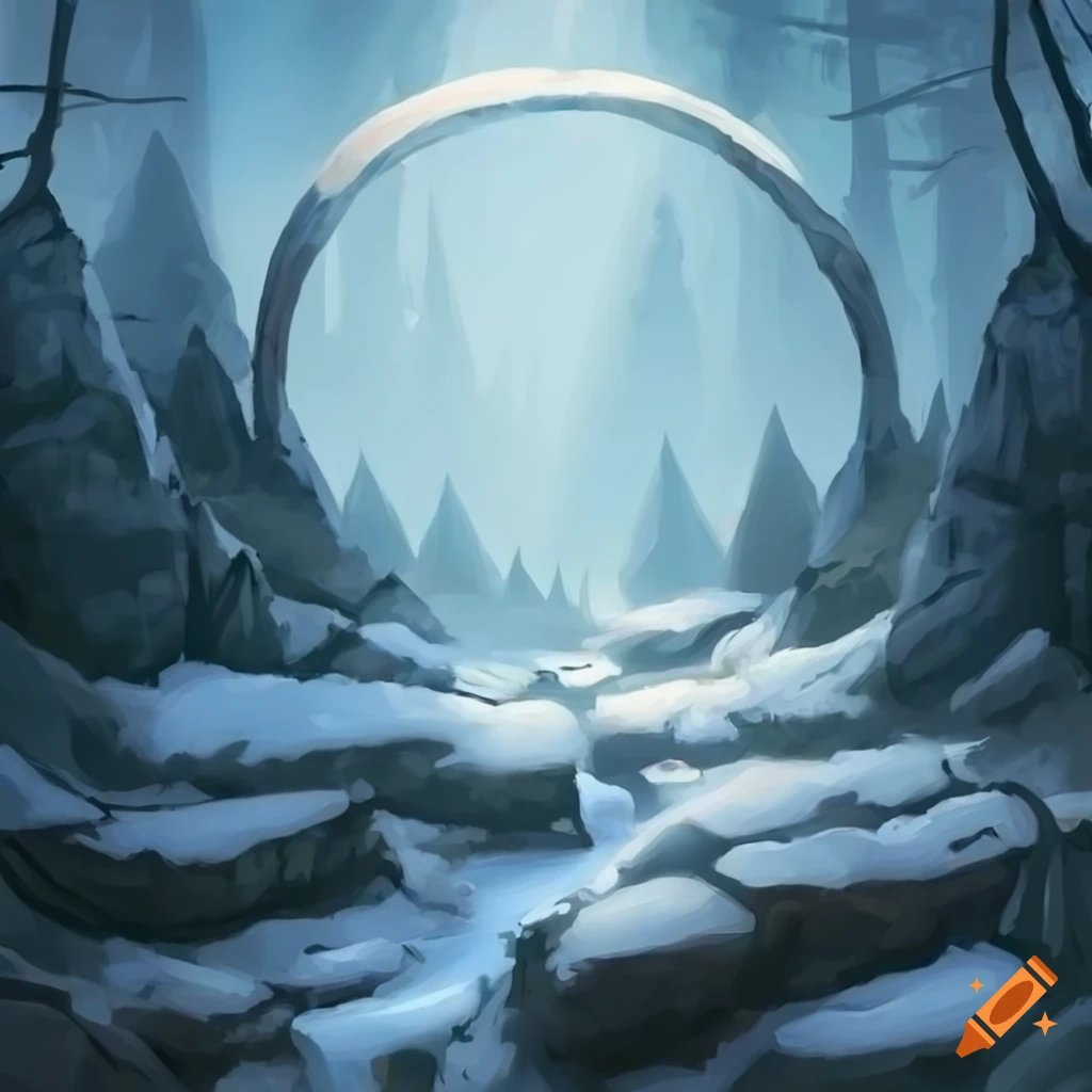 Illustration of a magical stone ring arch in a snowy forest landscape