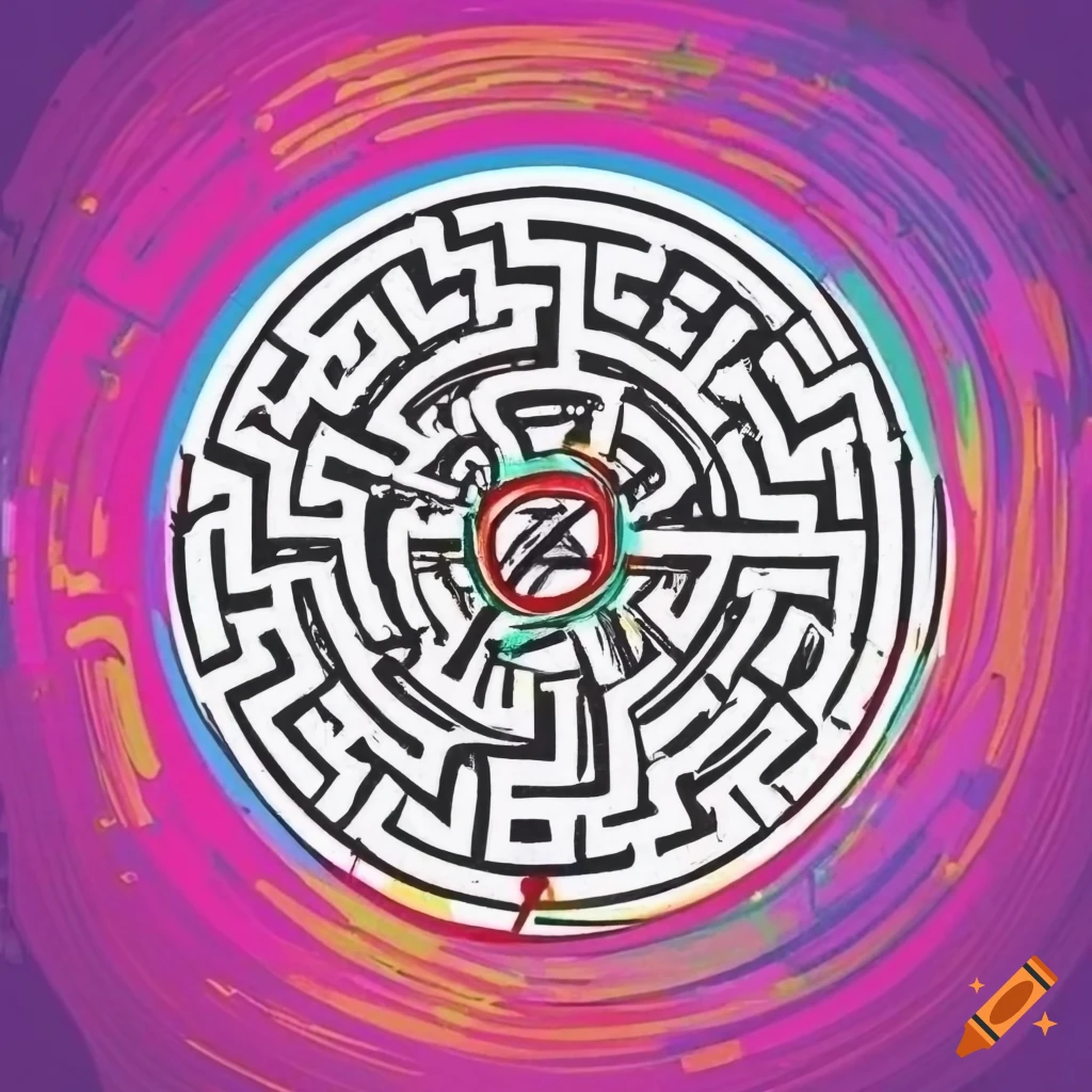 Black and white labyrinth plan with pentagram