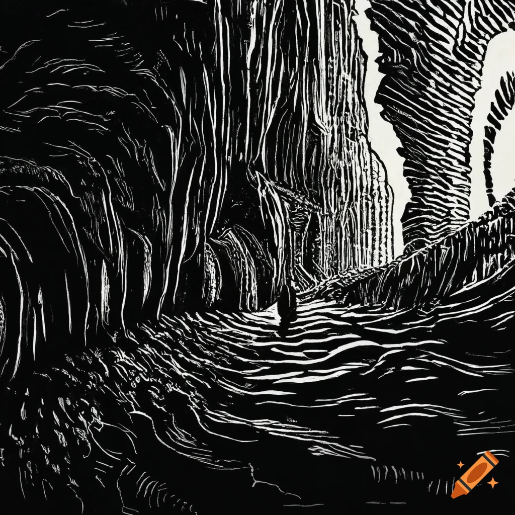 Woodcut of a distant circular chasm on Craiyon