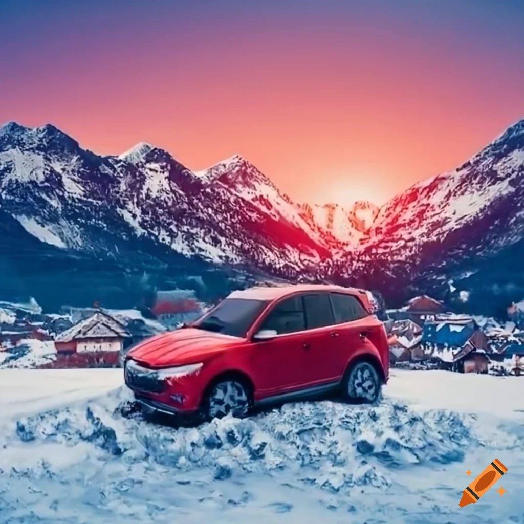 Red car driving through snowy mountains on Craiyon