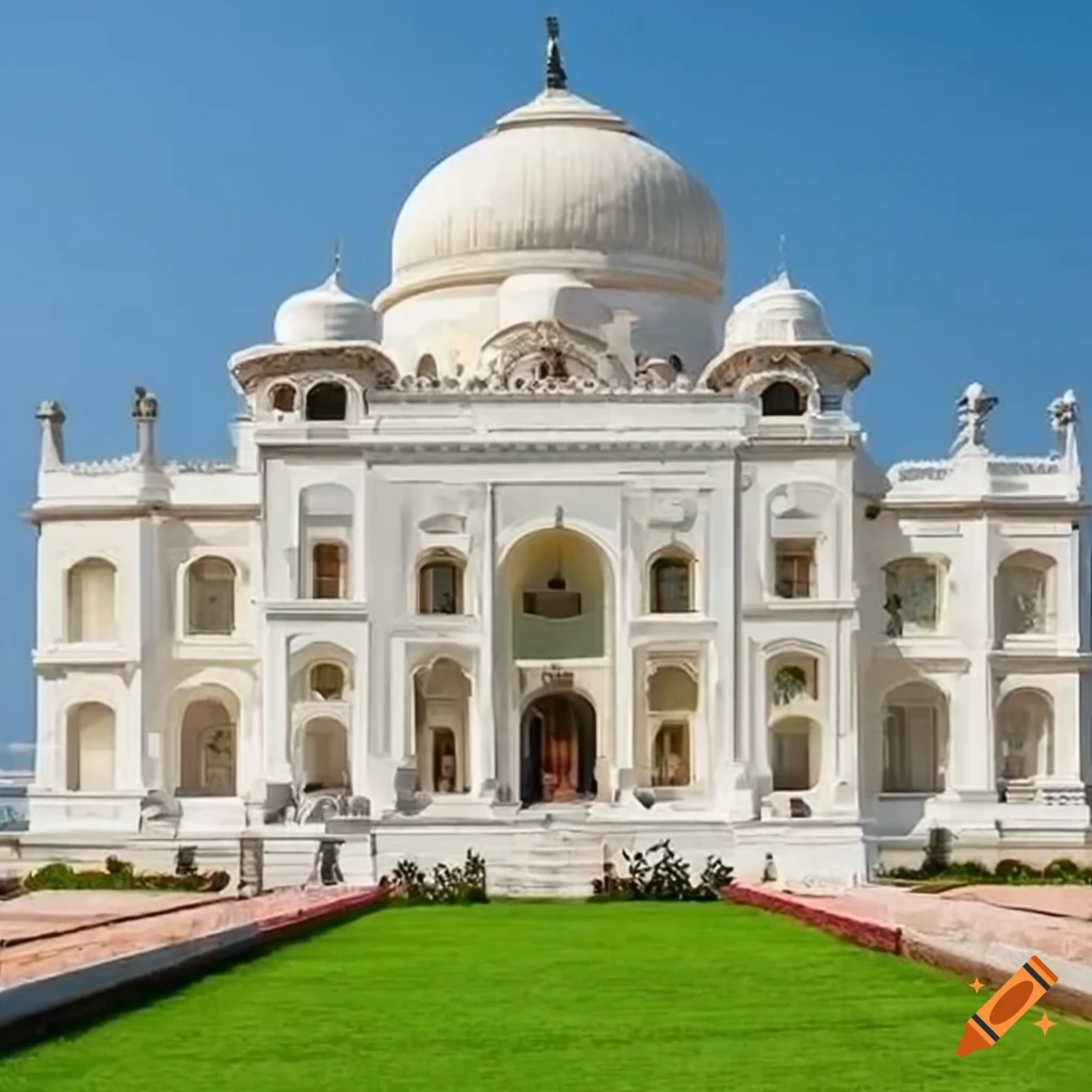 Full frontal view of mahal white house in mediterranean architectural style