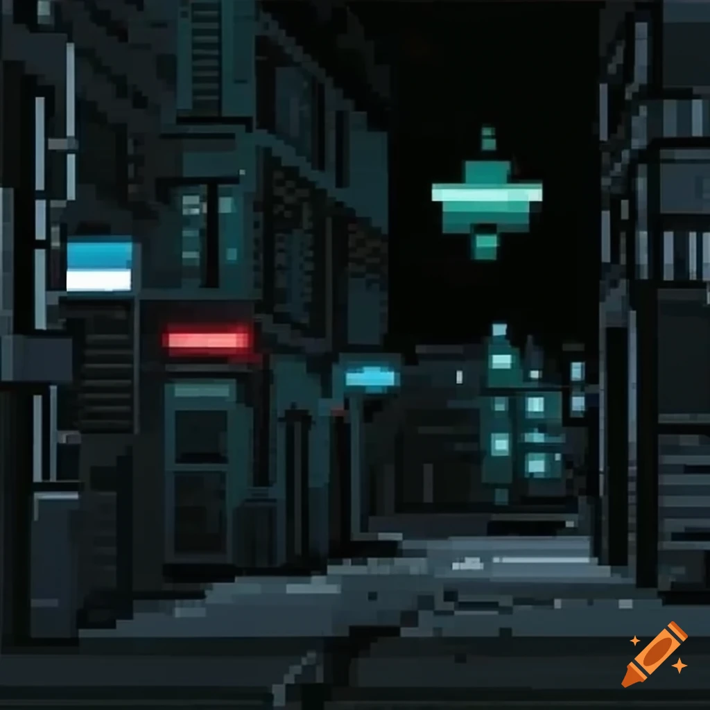 Detailed pixel art of a dark street scene on Craiyon