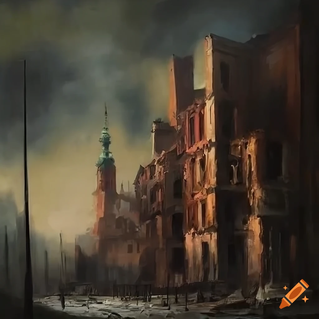 Oil painting of warsaw's ruined city centre
