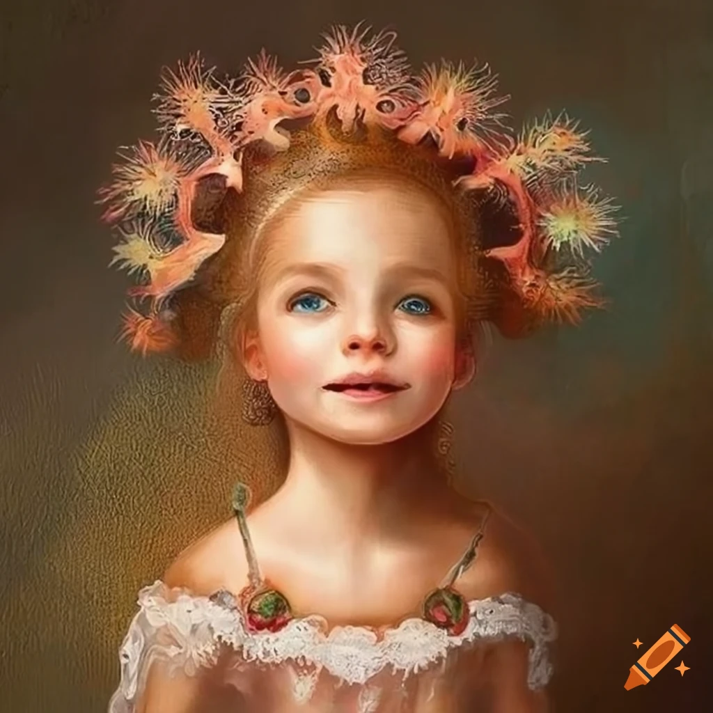 Oil painting of adorable girls with unique embellishments on Craiyon