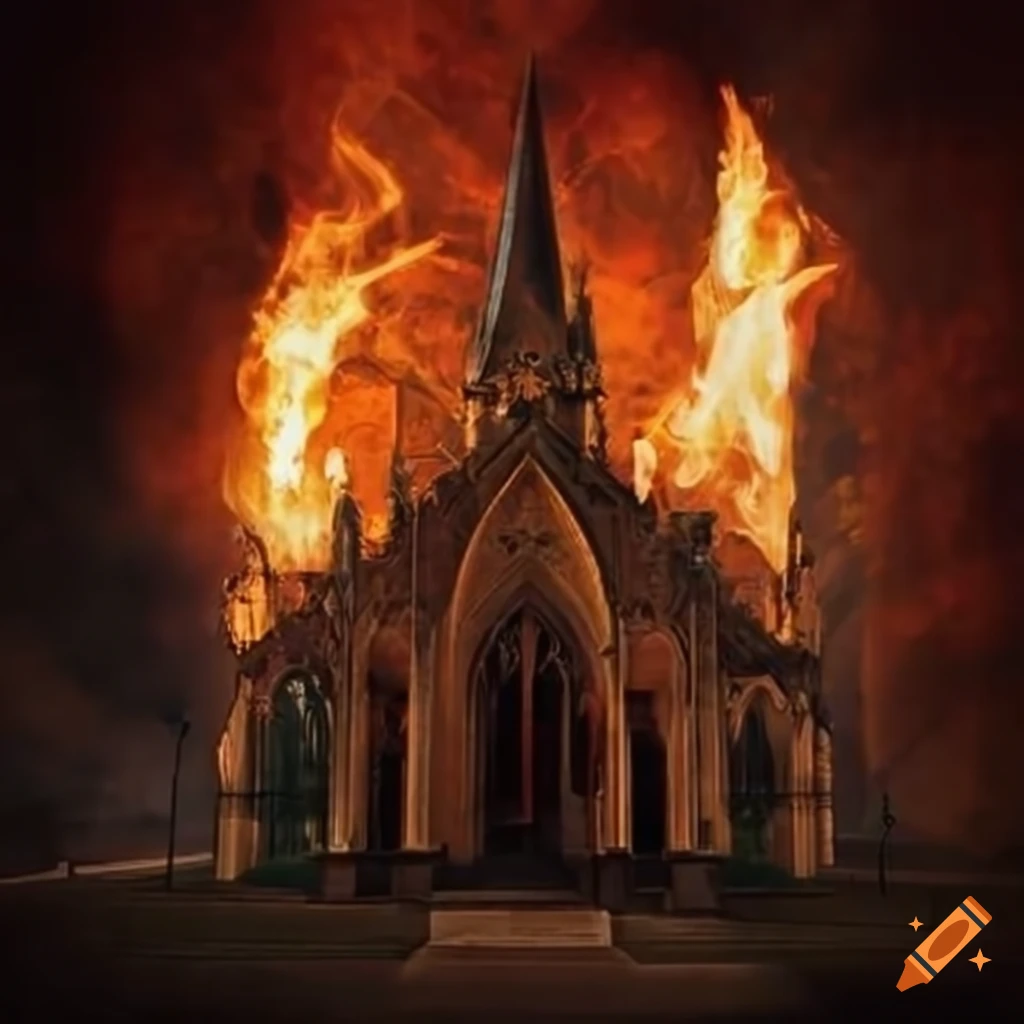 Church with stained glass windows on fire on Craiyon
