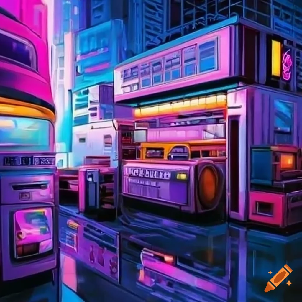 Close-up of a retro 1990s chillwave home appliances store interior ...