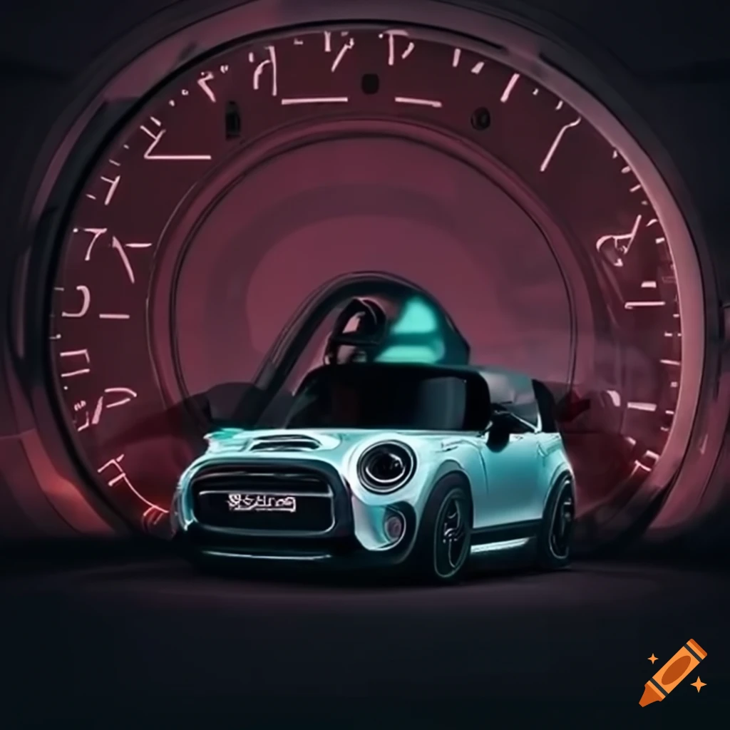 Futuristic digital art of a morphed mini john cooper works with a clock