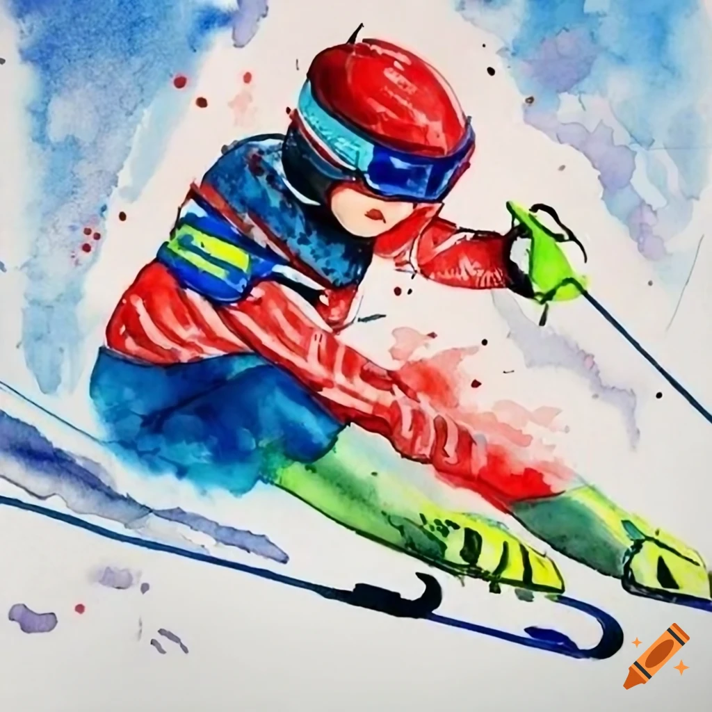 Watercolor of a young olympic ski racer in a mountain race