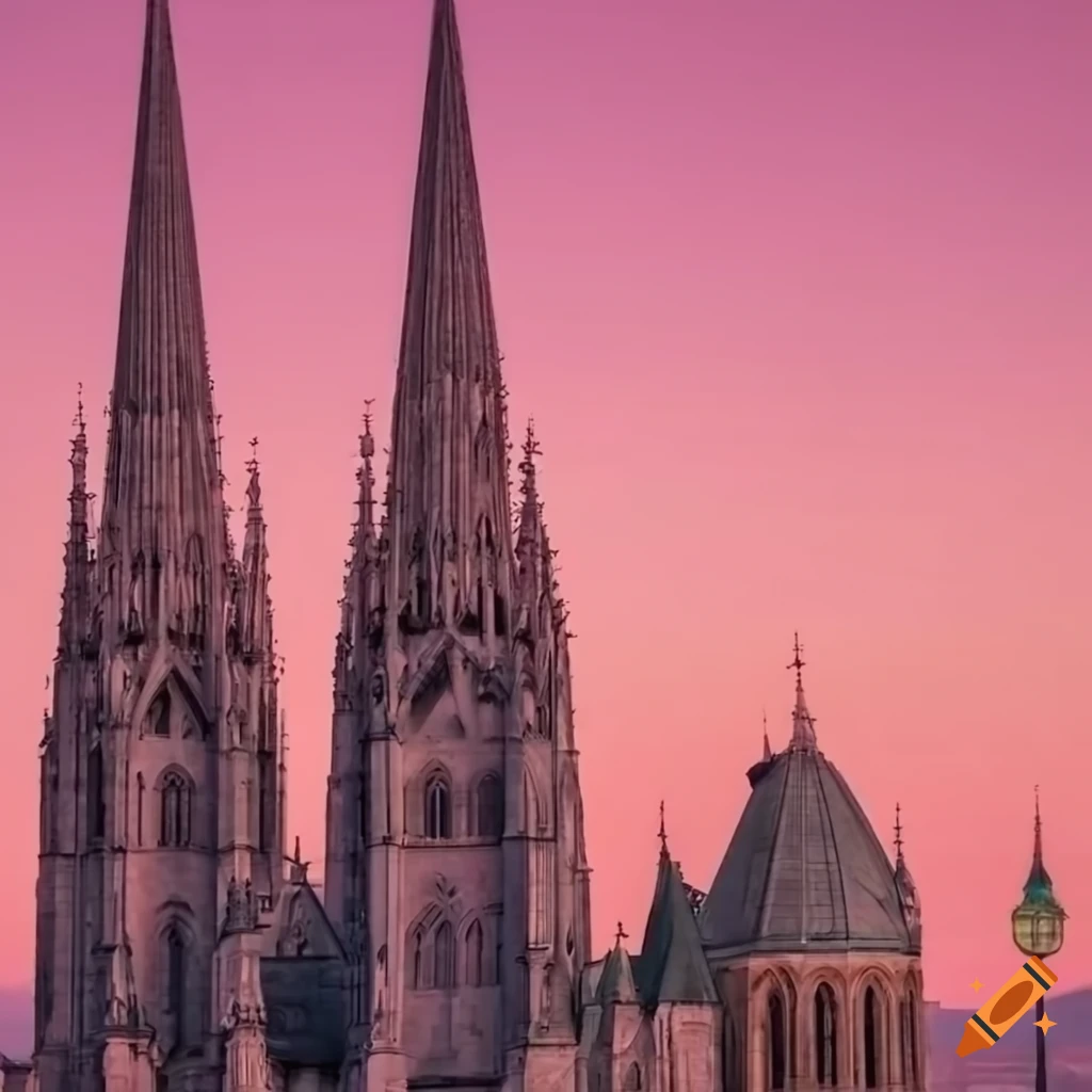 Pink sunset over a gothic cathedral in a european city