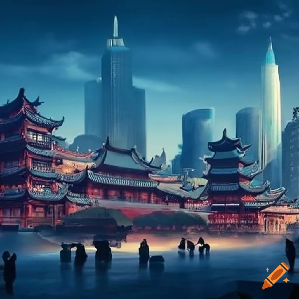 Cityscape inspired by chinese architecture on Craiyon