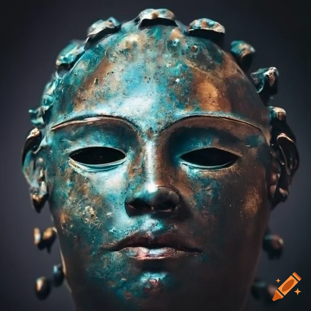 Bronze biomechanical death mask on arena texture background on Craiyon