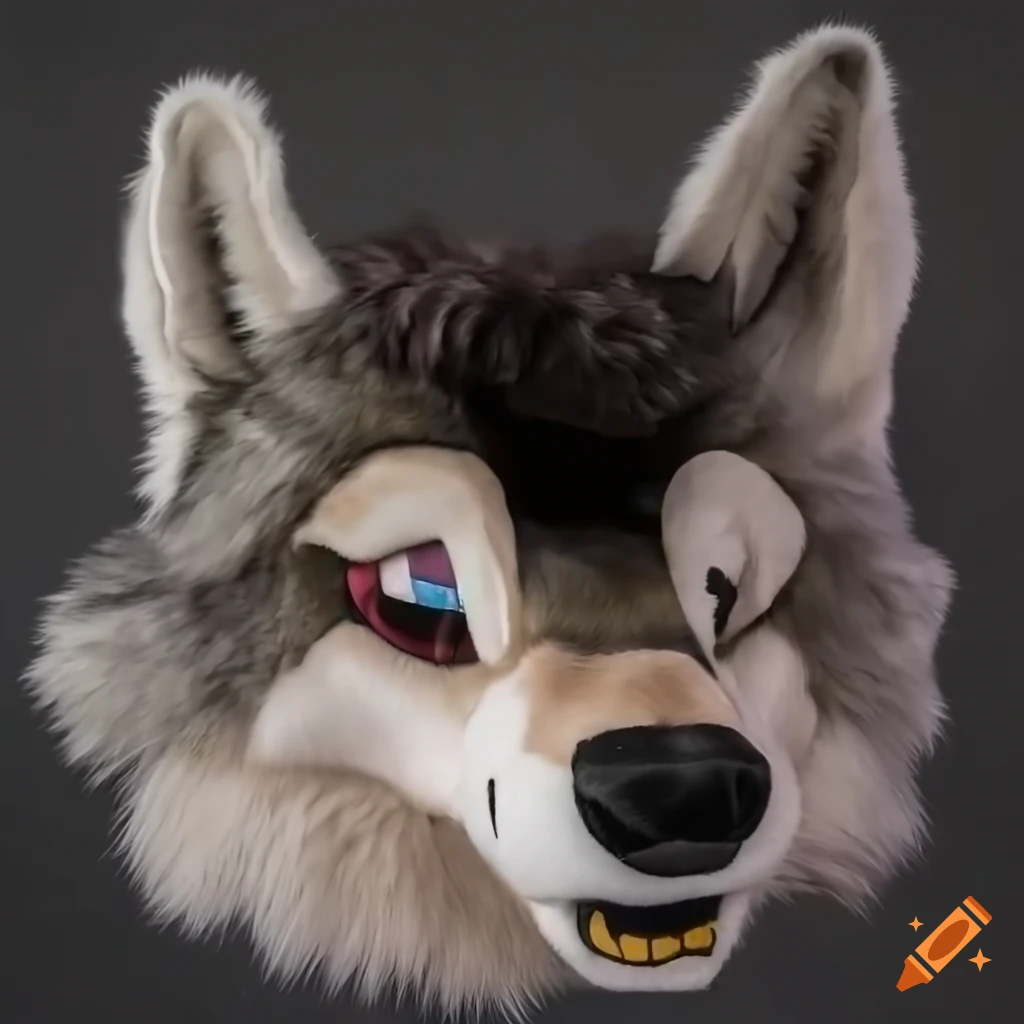 Wolf fursuit head with an open mouth on Craiyon