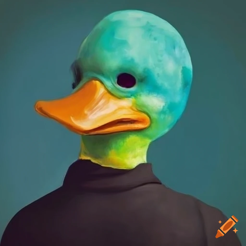 Portrait of a man wearing a cyan duck mask in renoir style