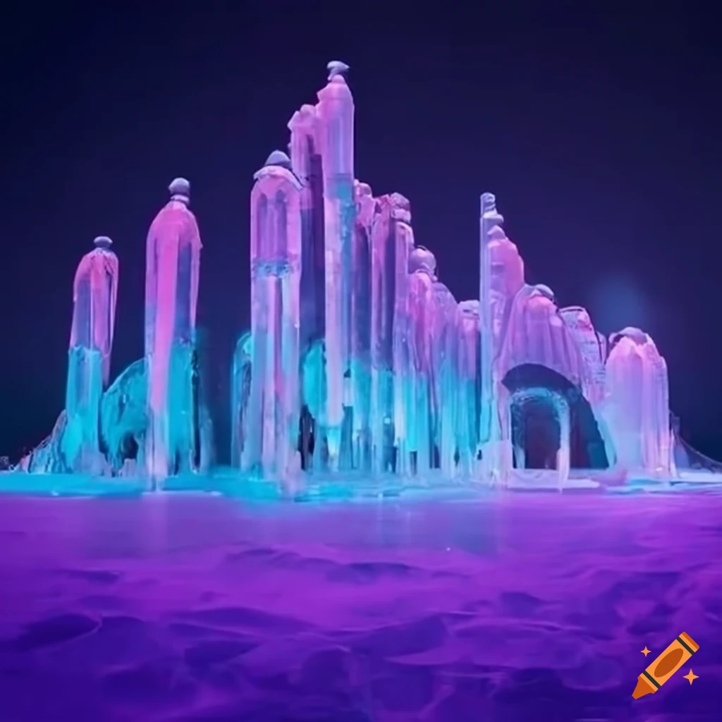 Art installation with clear canopies and neon lights in icy field on ...