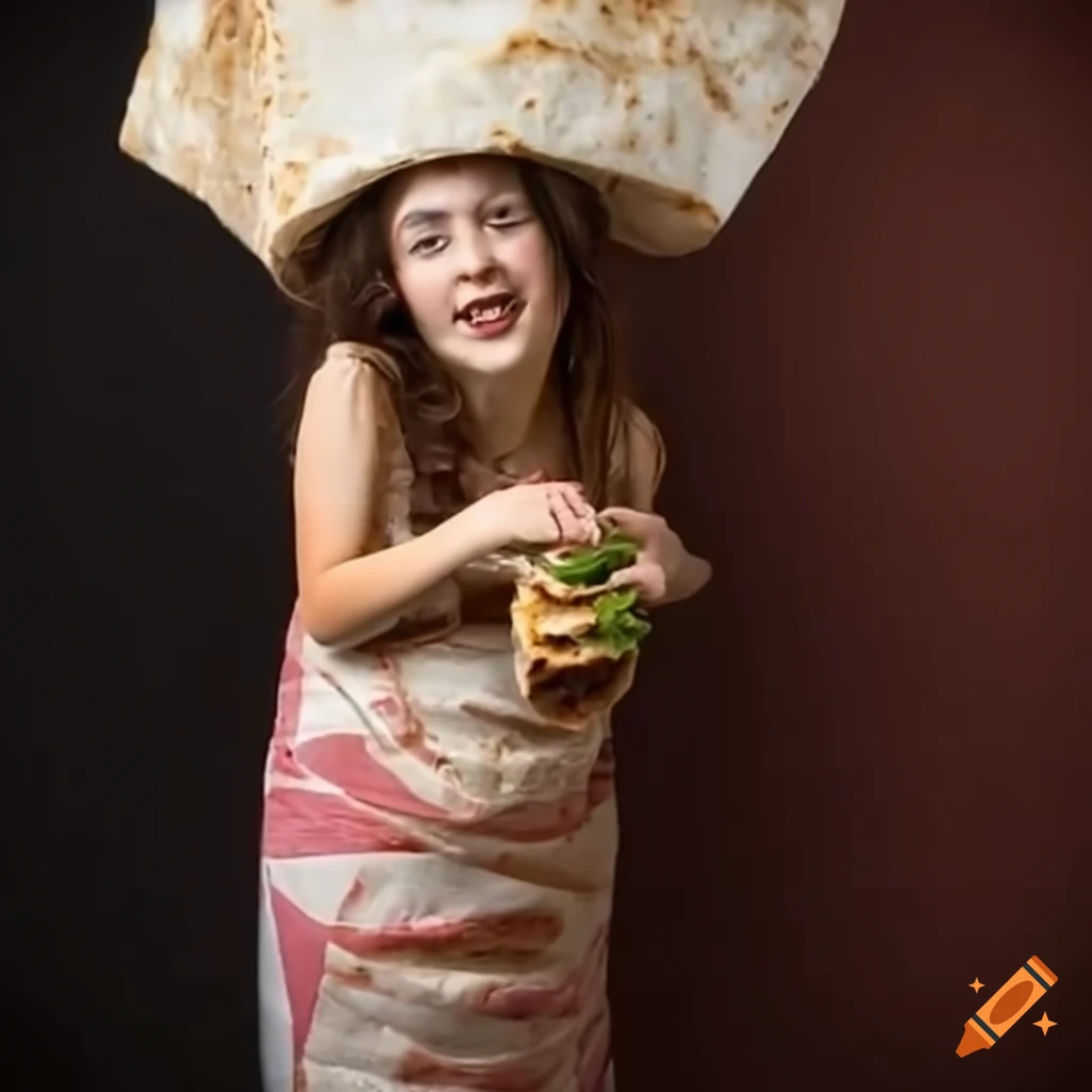 Humorous girl dressed as shawarma in a field of steaks on Craiyon