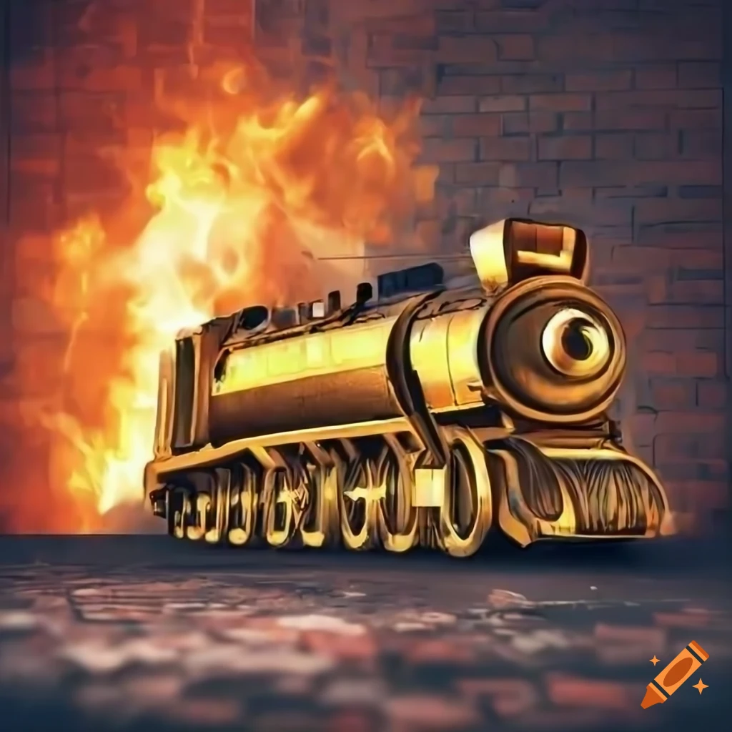 Surreal image of a golden train crashing through a flaming brick wall ...
