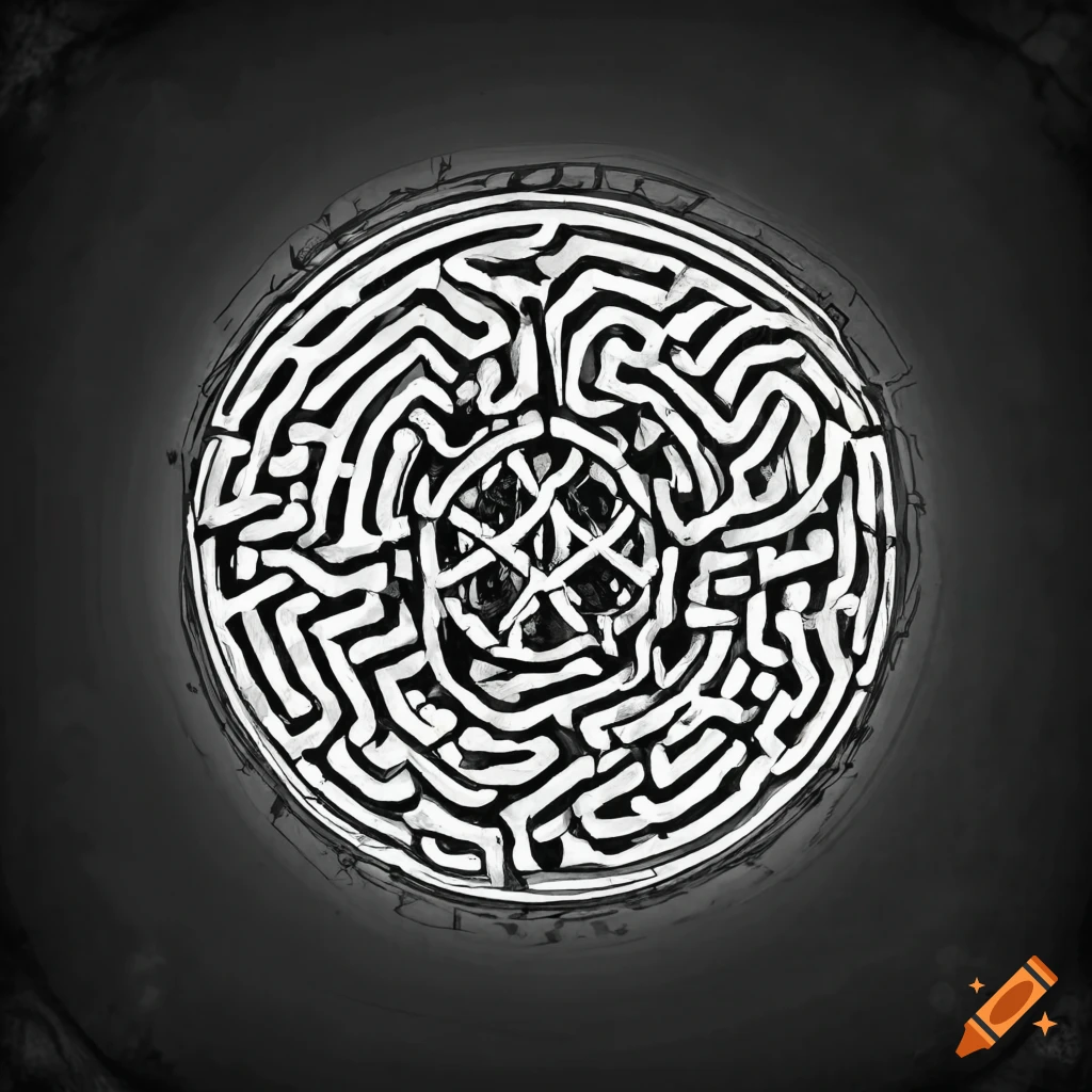 Black and white labyrinth plan with a pentagram inside