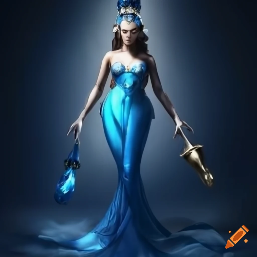 Blue galactic woman with golden and white armor holding a scepter on ...