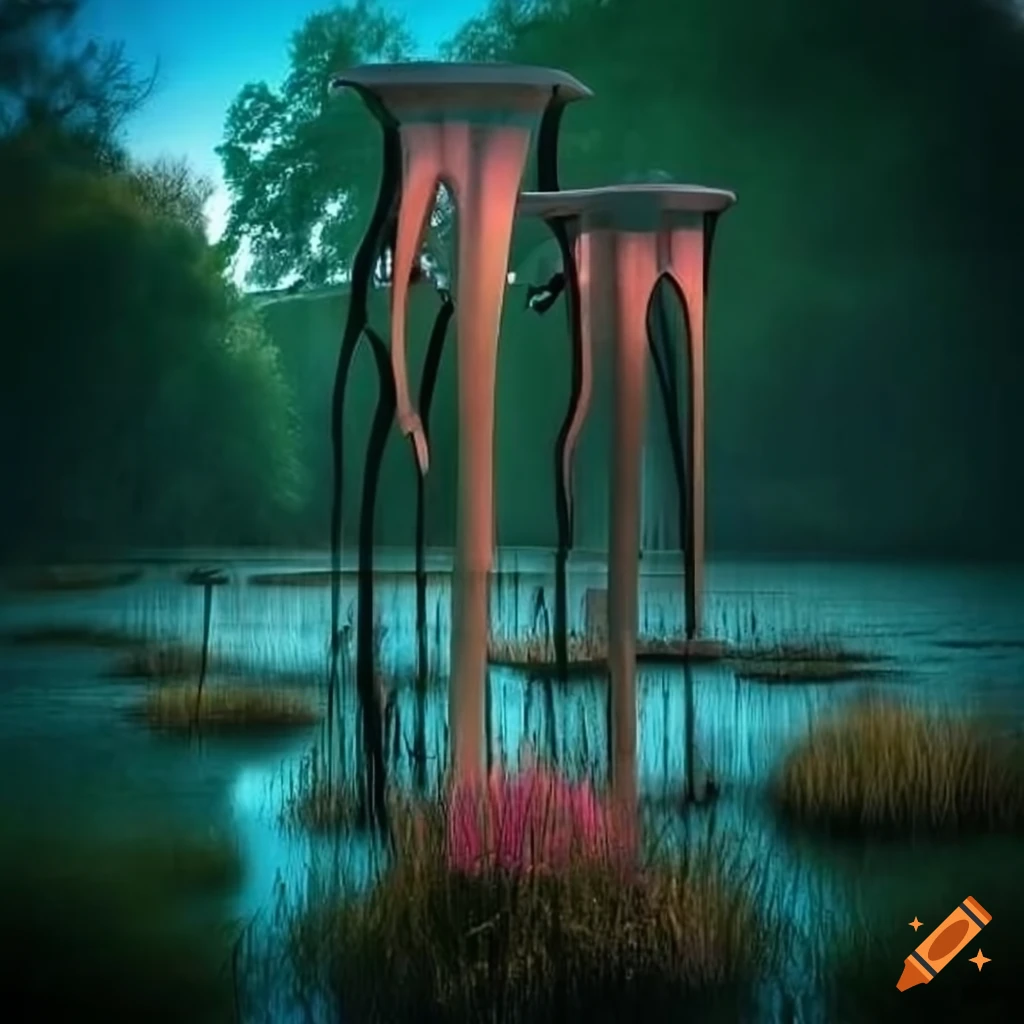 Painting parc with modern sculptures lake swamp canot street lamps ...