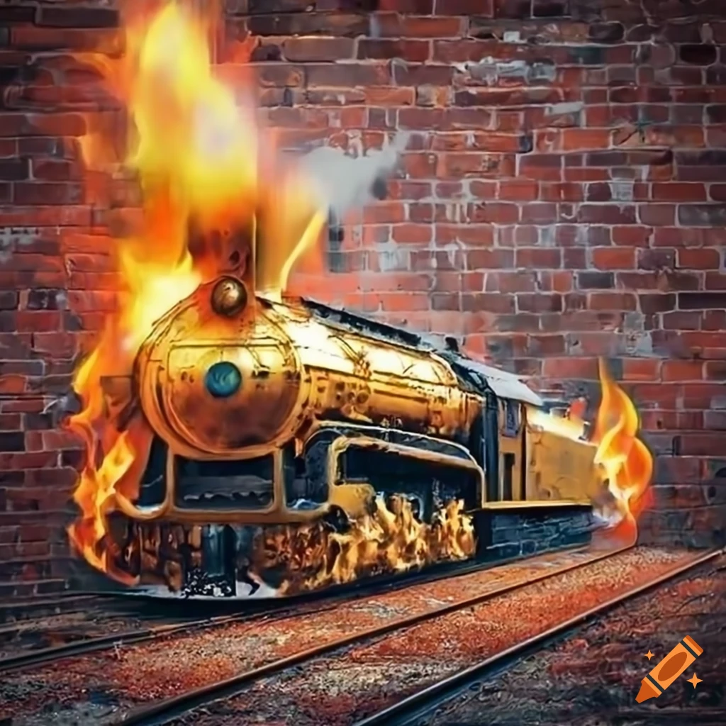 Hyperrealistic depiction of a golden locomotive crashing through a ...