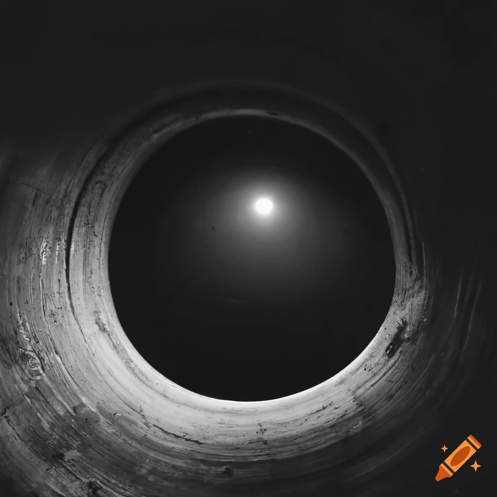Black and white fisheye photo inside a concrete pipe on Craiyon
