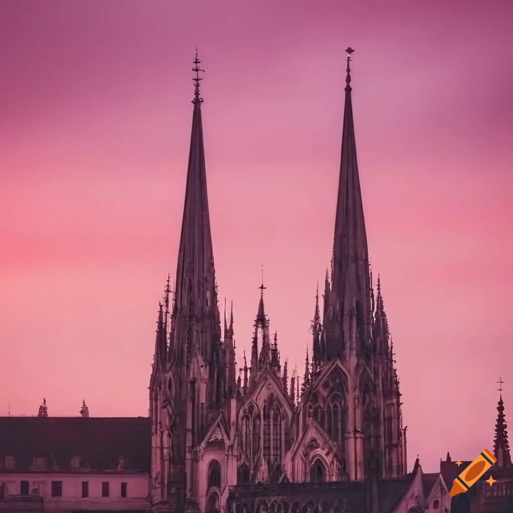 Pink sunset behind a gothic cathedral in a european city