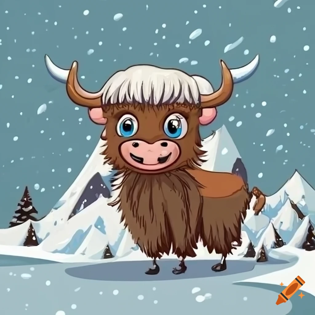 Cartoon yak walking in snowy mountains on Craiyon
