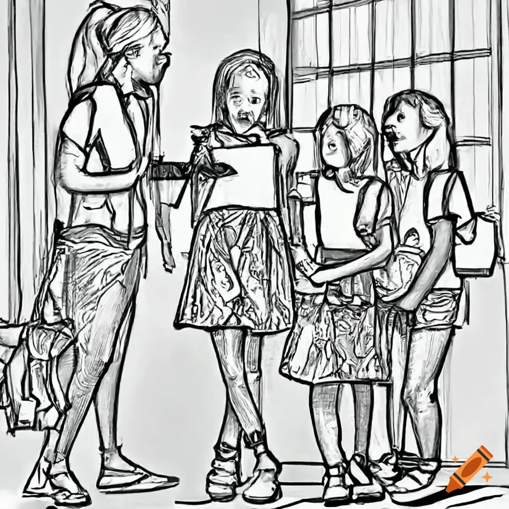 Coloring page of students in a school hallway on Craiyon